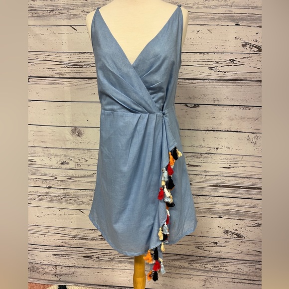 THML | Dresses | Thml Blue Light Blue Wrap Dress With Fringe Hem Small ...